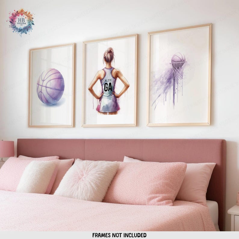 Personalised Netball Poster Set - 3 Netballer Prints | Purple Custom ...