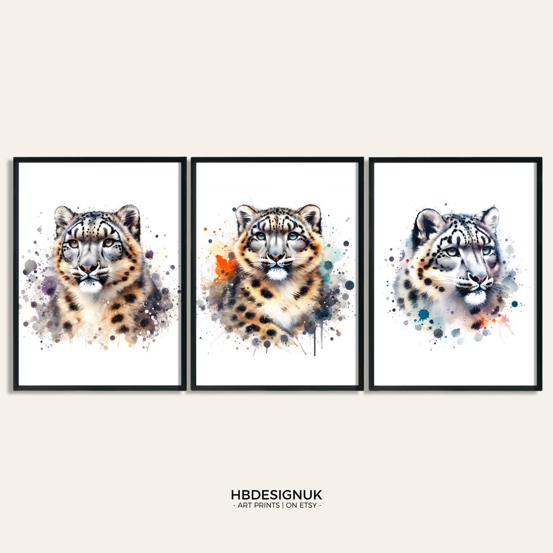 Snow Leopard Print Posters - Set of 3 Paintings | Watercolour Leopard ...