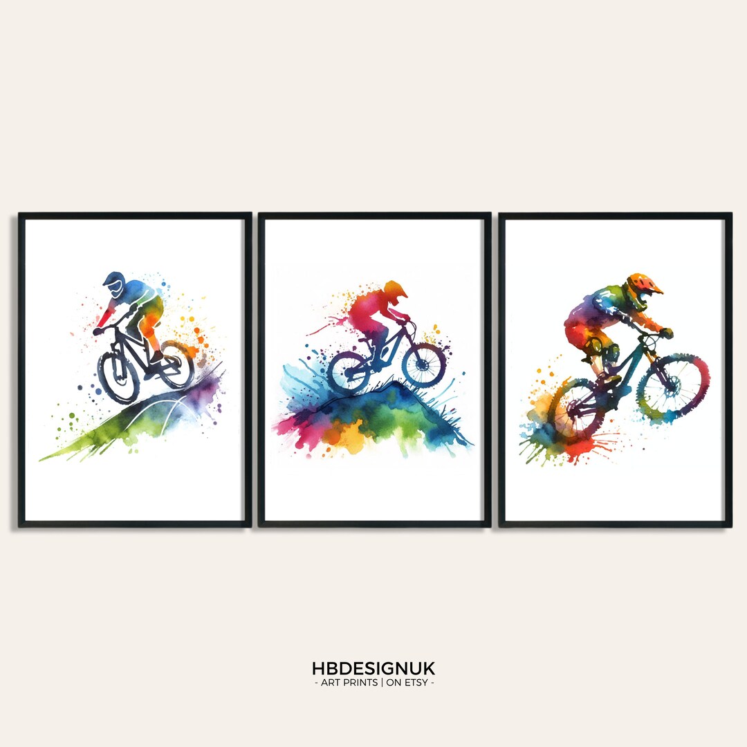 Mountain Bike Prints - Set of 3 Posters | Biker Wall Art | Watercolour ...