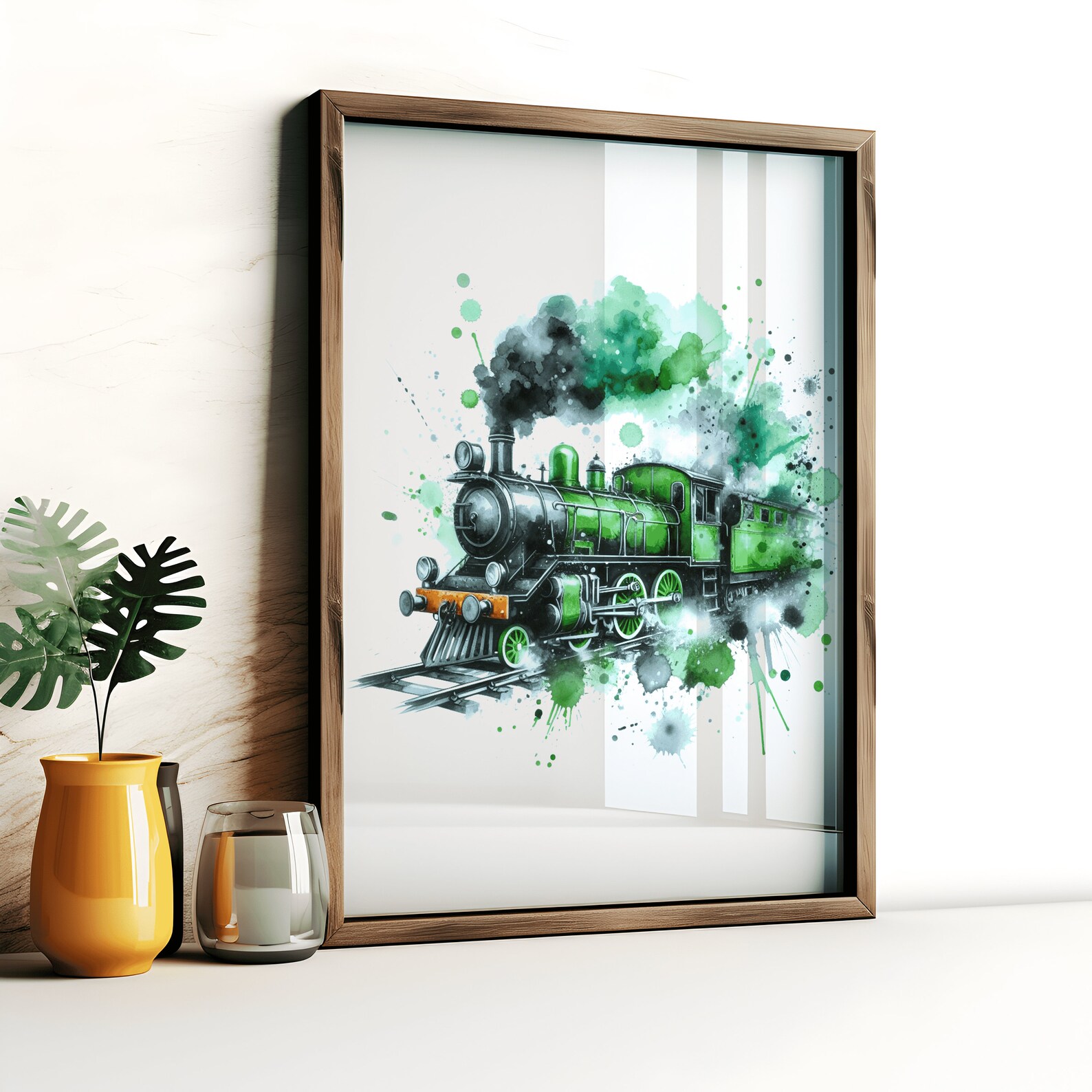 Green Train Poster Set 3 Watercolour Prints Boys Bedroom Artwork ...