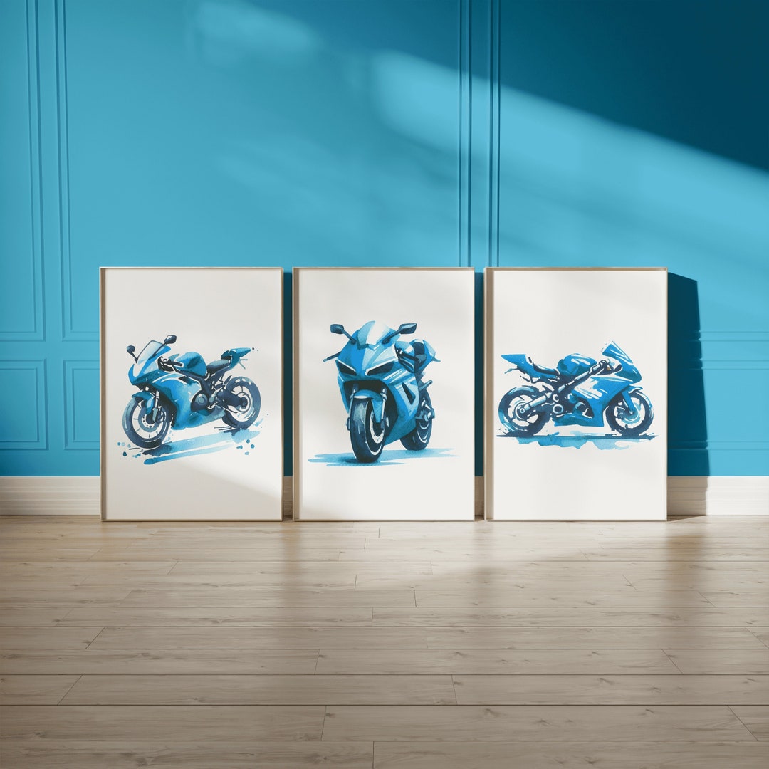 Blue Motorbike Prints - Set of 3 Posters | Motorbiker Wall Art | Boys ...