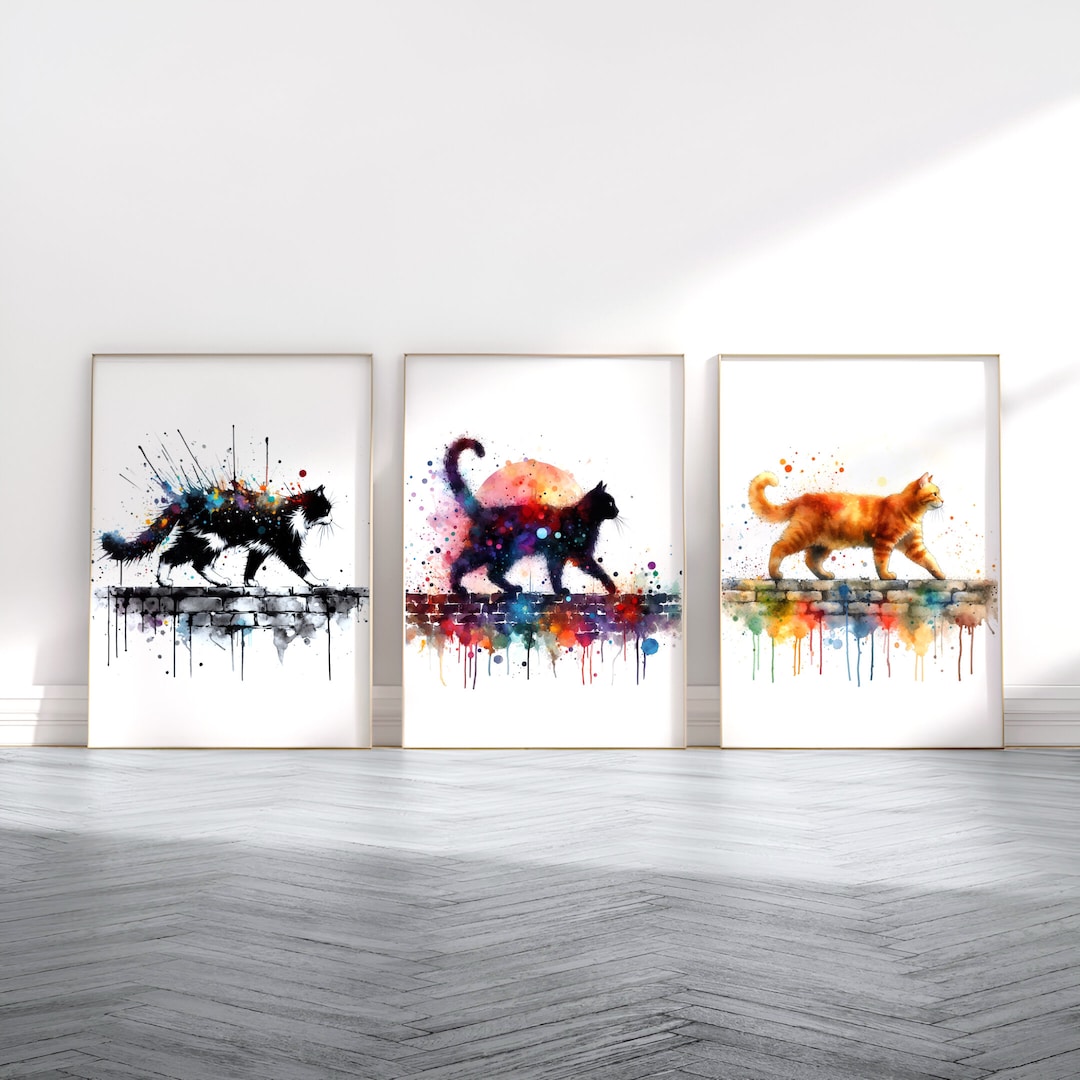 Cats on a Wall Poster Set - Set of 3 Prints | Watercolour Cat Print ...