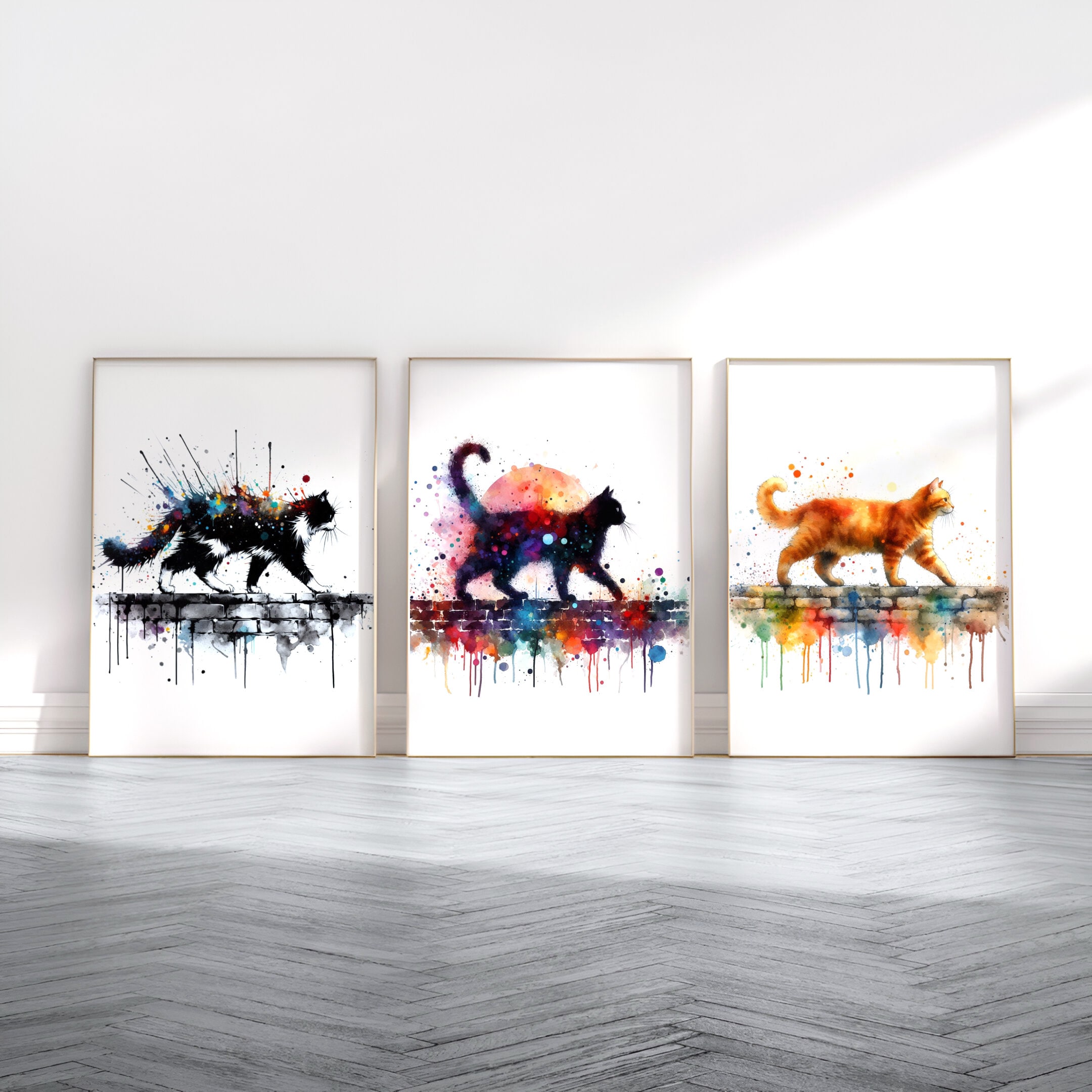 Cats on a Wall Poster Set Set of 3 Prints Watercolour Cat Print Cat ...
