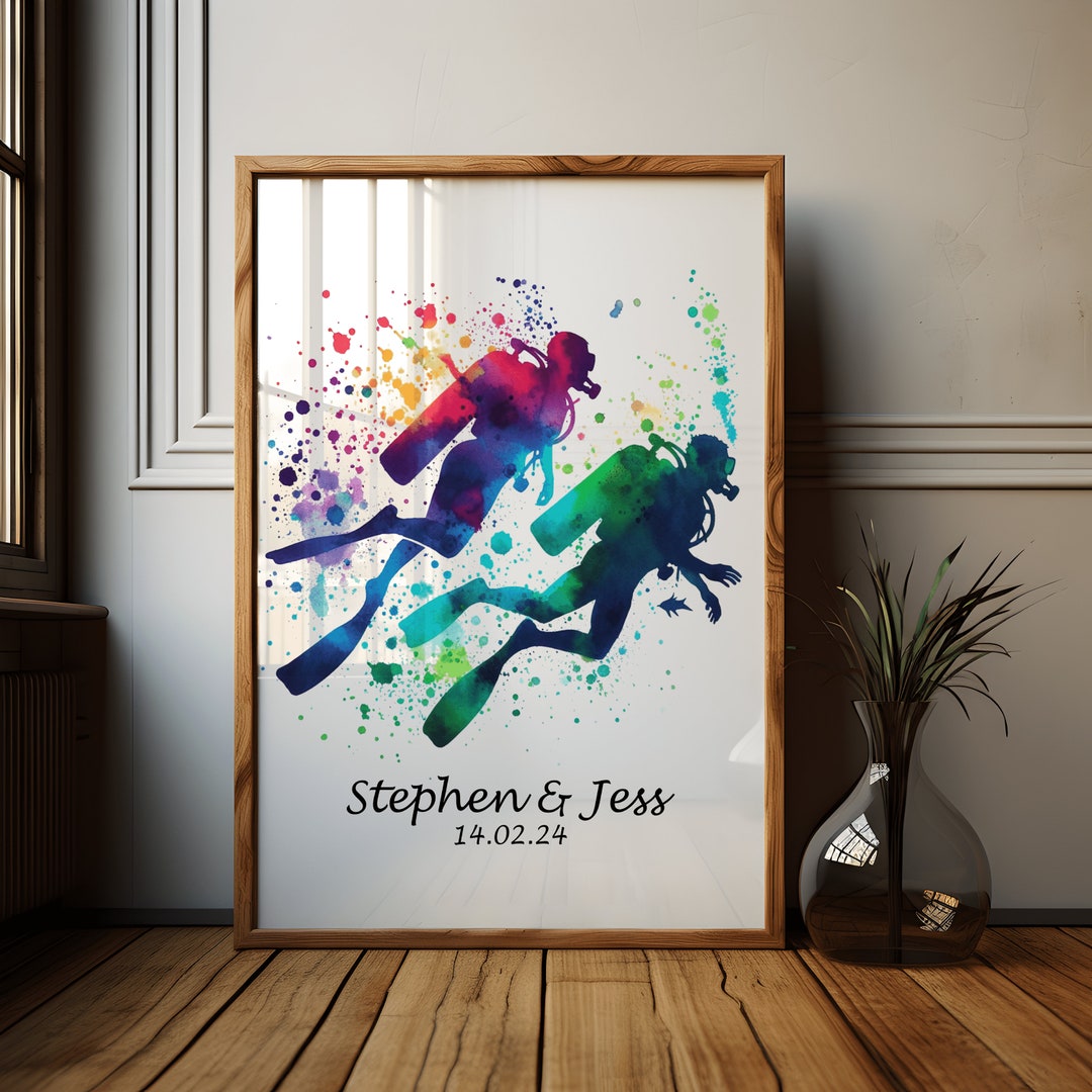 Couples Scuba Diving Print - Personalised Watercolour Poster - Prints ...