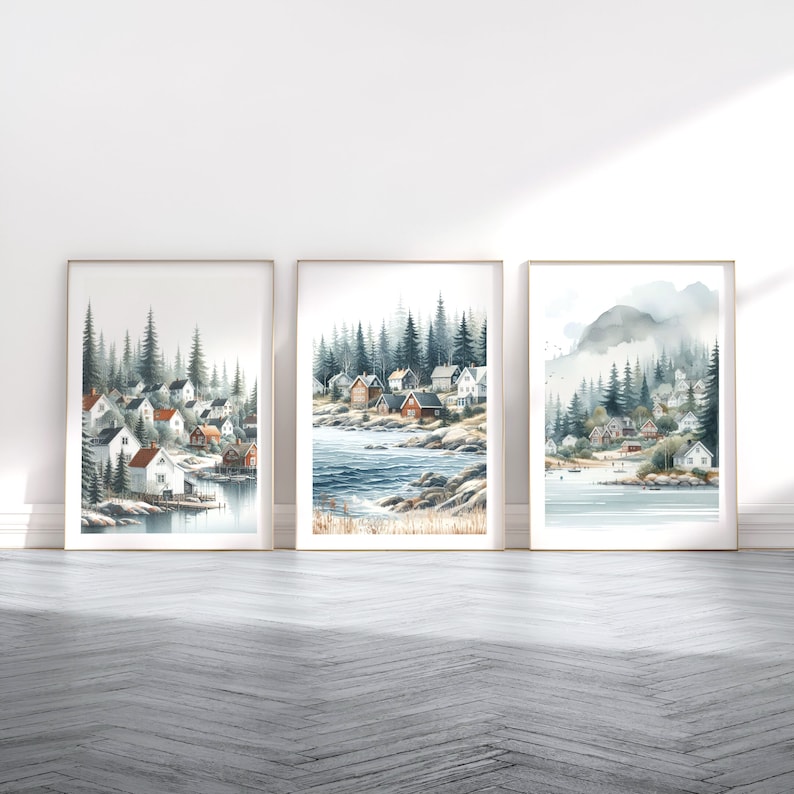 Nordic Village Print Set 3 Watercolour Posters Scandi Wall Art ...