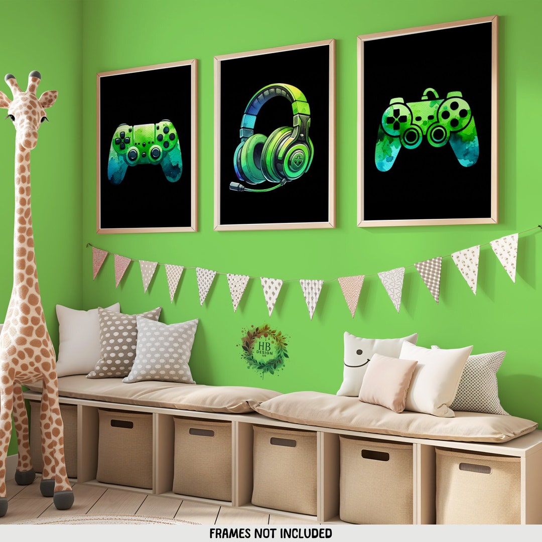 Neon Green Gamer Print Poster - Set of 3 Gaming Prints | Game Bedroom ...