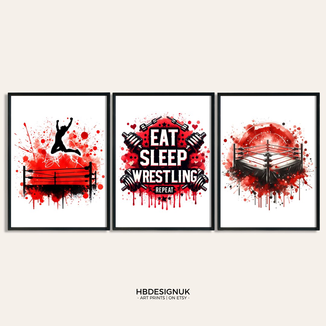 Wrestling Poster Set - Set of 3 Wrestler Prints | Boys Bedroom Decor ...