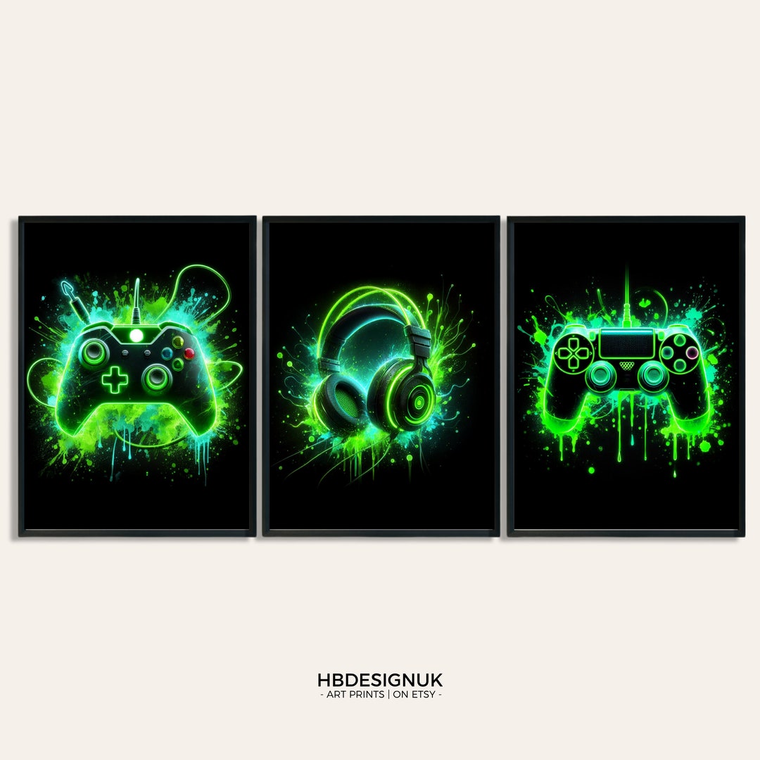 Neon Green Gamer Print Poster Set of 3 Gaming Prints Game Bedroom Decor ...