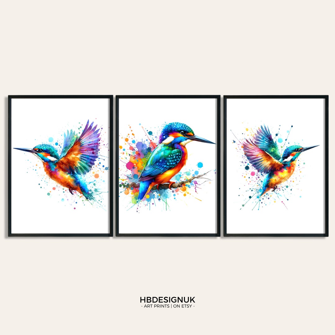 Vibrant Kingfisher Poster Set - 3 Bird Prints | Watercolour Kingfishers ...
