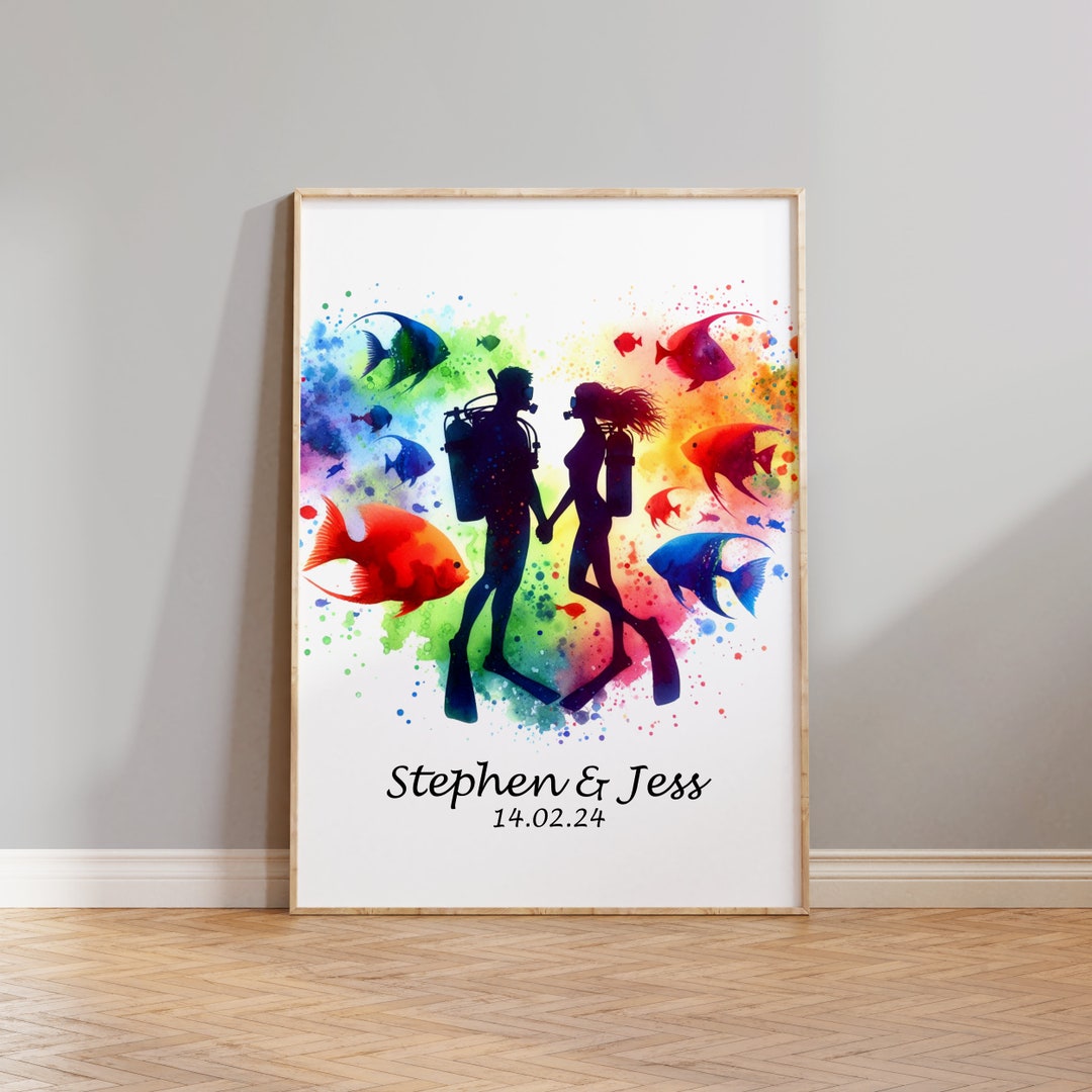 Scuba Diving Couple Poster - Personalised Watercolour Print - Prints ...