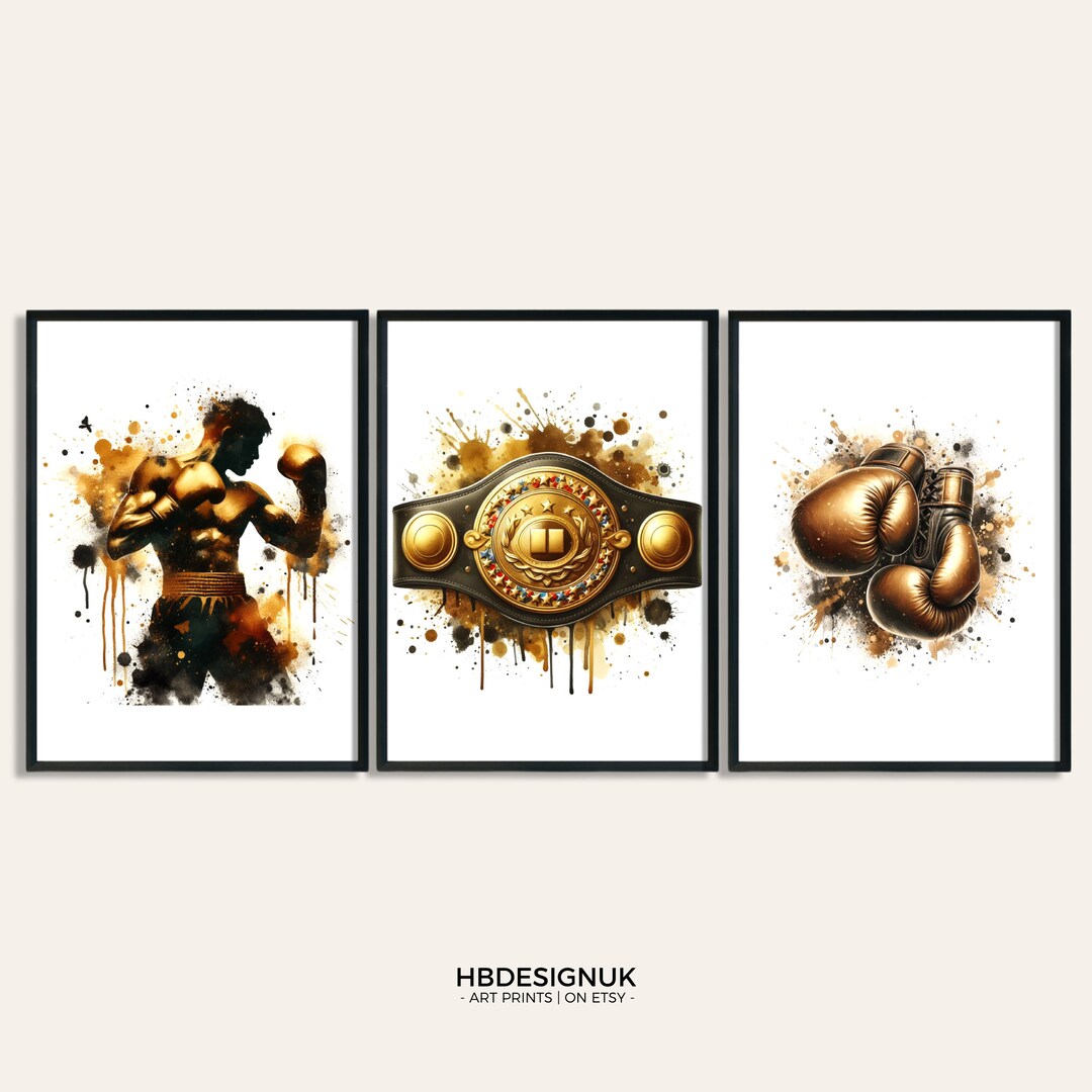 Boxing Poster Prints - Set of 3 Boxer Posters | Gold Watercolour Boxing ...
