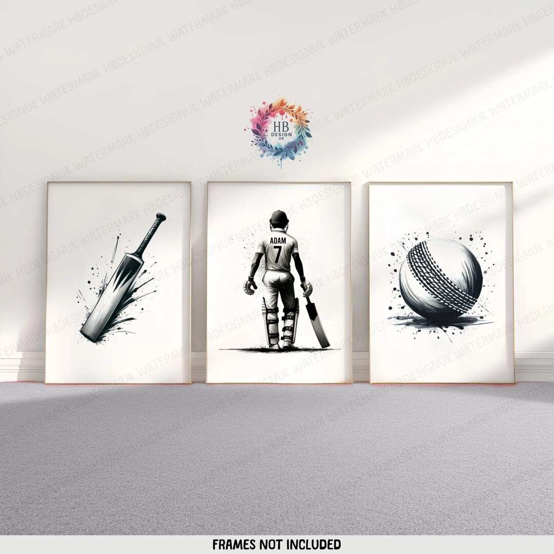 Personalised Cricket Wall Art - Set of 3 Prints | Boys Bedroom Decor ...