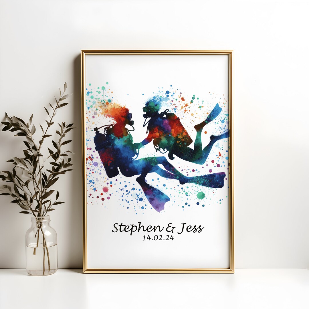 Scuba Diving Couple Print - Personalised Watercolour Poster - Prints ...