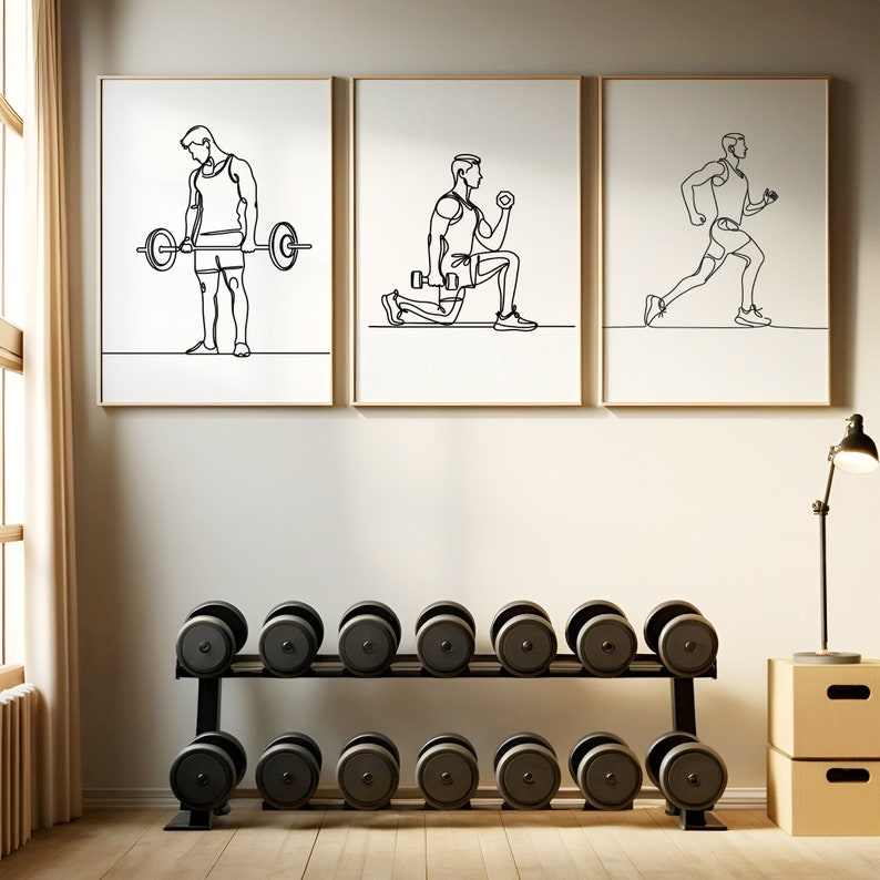Home Gym Wall Art - 3 Gym Posters | Line Drawing Design | Fitness Man ...