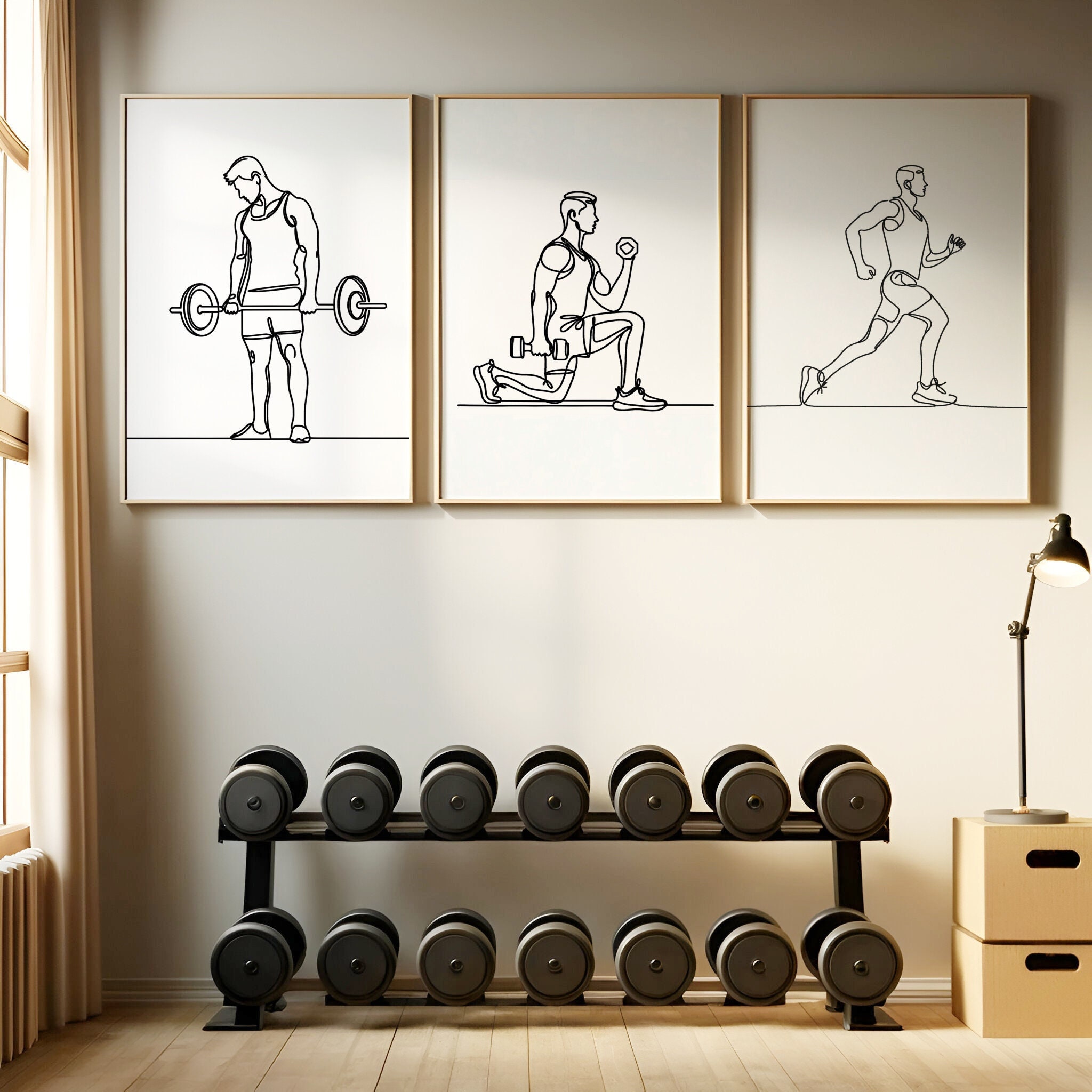 Home Gym Wall Art - 3 Gym Posters | Line Drawing Design | Fitness Man ...