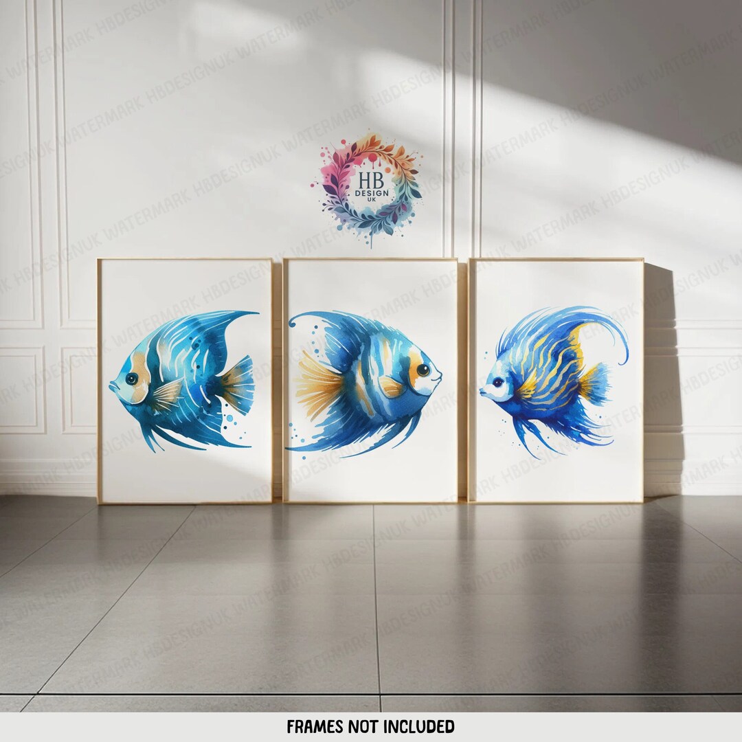 Blue Angel Fish Print Set - 3 Watercolour Posters | Blue Painting ...