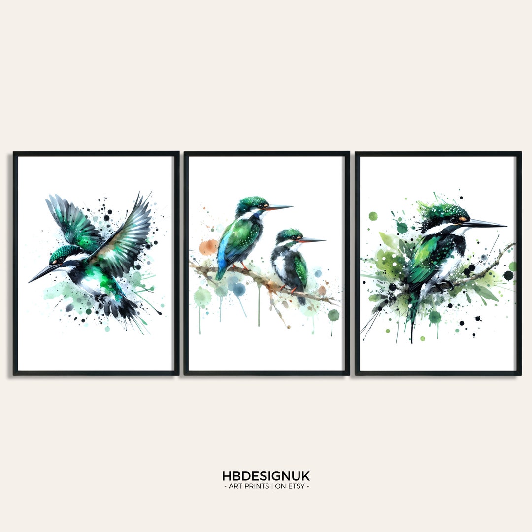 Green Kingfisher Poster Set - 3 Bird Prints | Watercolour Kingfishers ...