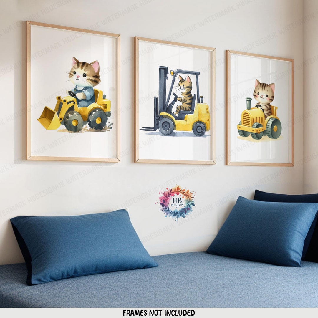 Tabby Cat Construction Prints - Set of 3 Kids Posters | Digger Wall Art ...