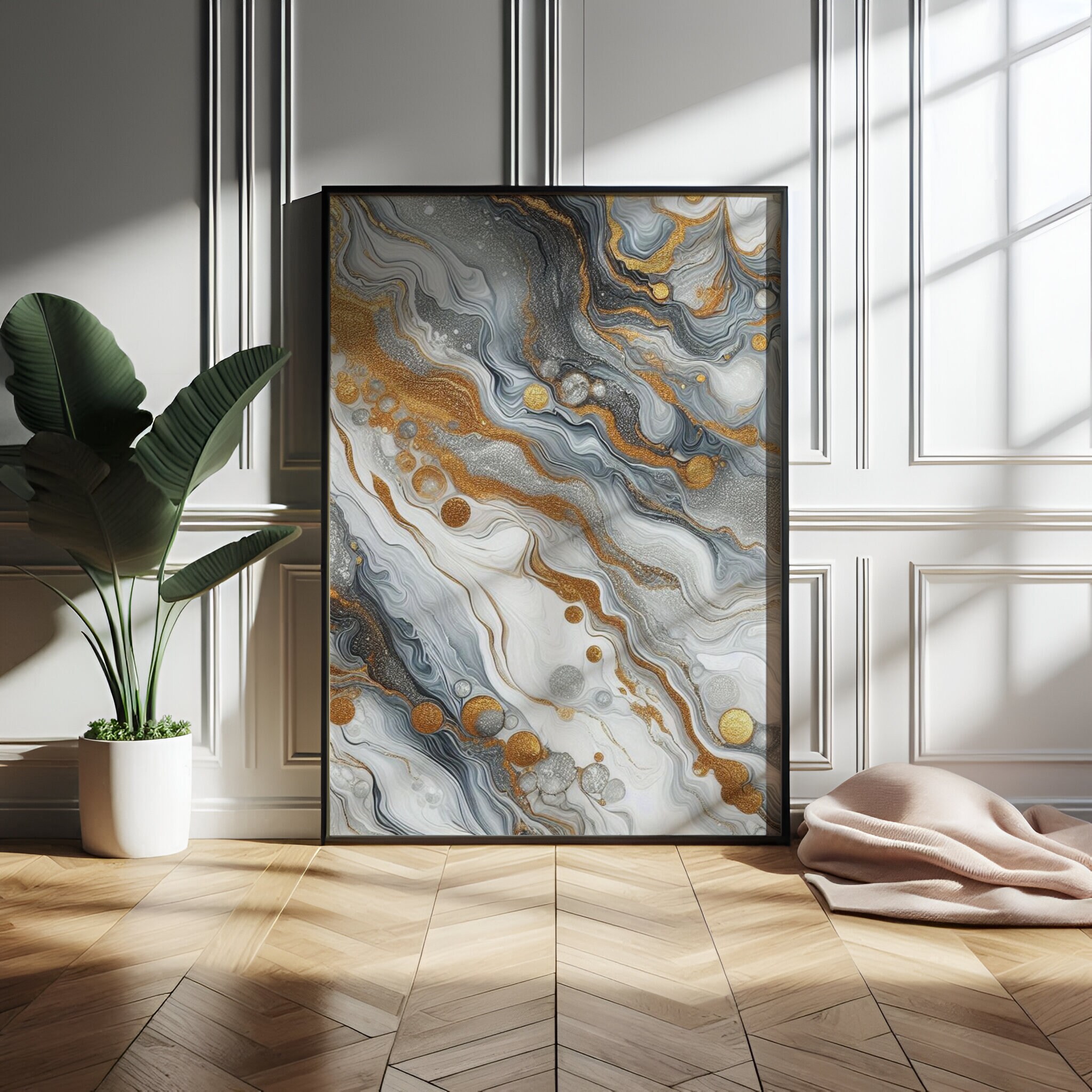 White & Gold Fluid Print Set Living Room Wall Art Home Decor Set of 3 ...