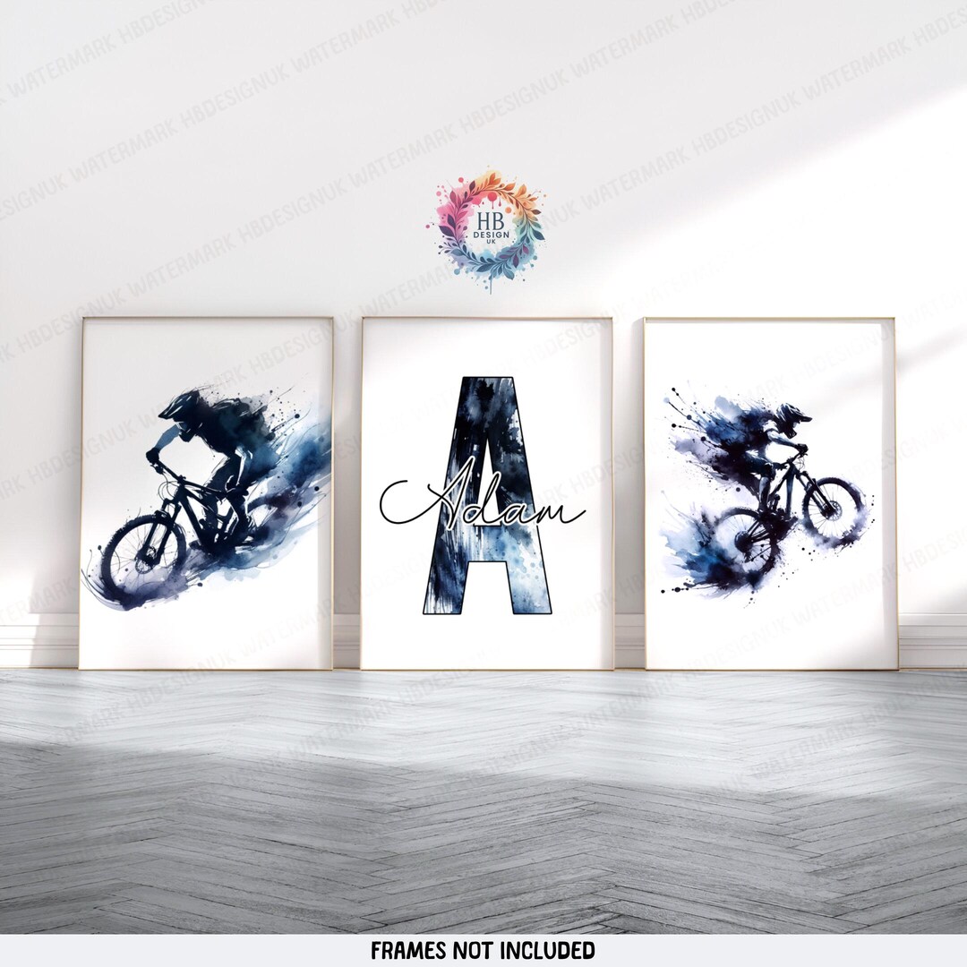 Personalised Mountain Biking Posters - Custom Set of 3 Wall Art | Boys ...
