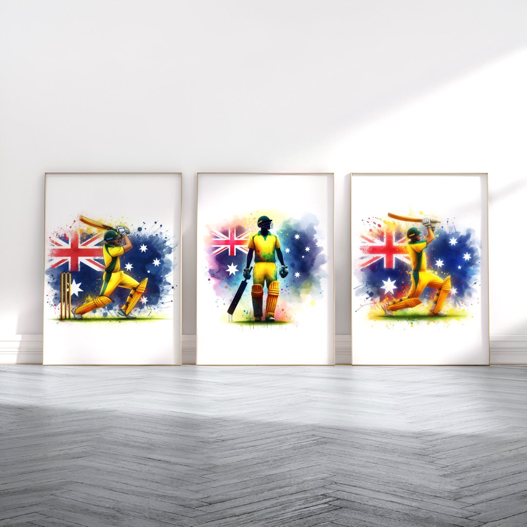 Cricket Print Set - Australia Flag Watercolour Cricket Poster Prints ...