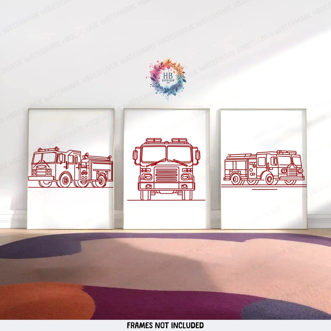 Minimal Fire Truck Prints - Minimal Nursery Decor | Set of 3 Posters ...