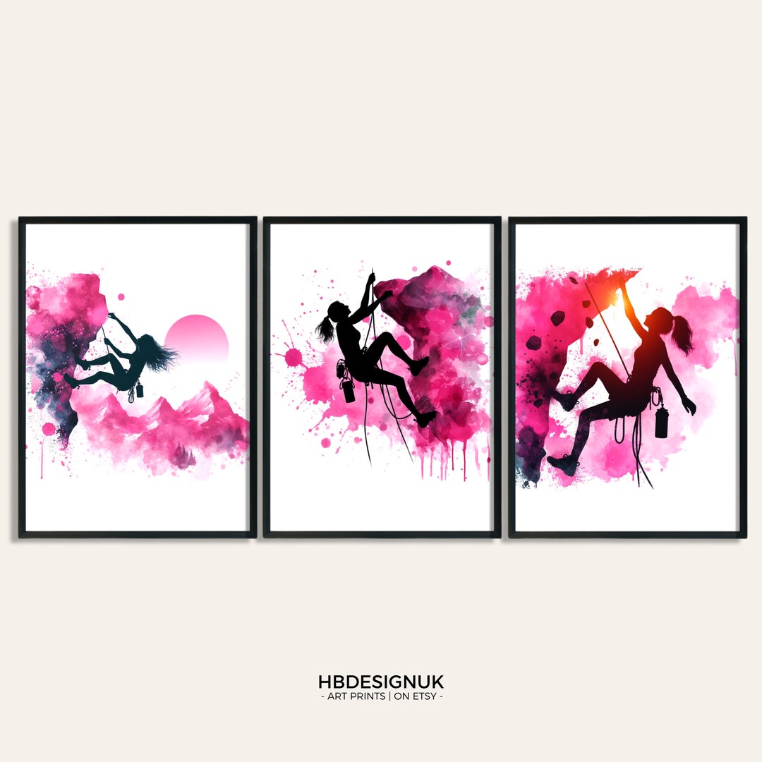 Pink Rock Climbing Wall Art Set - Set of 3 Climbing Prints ...