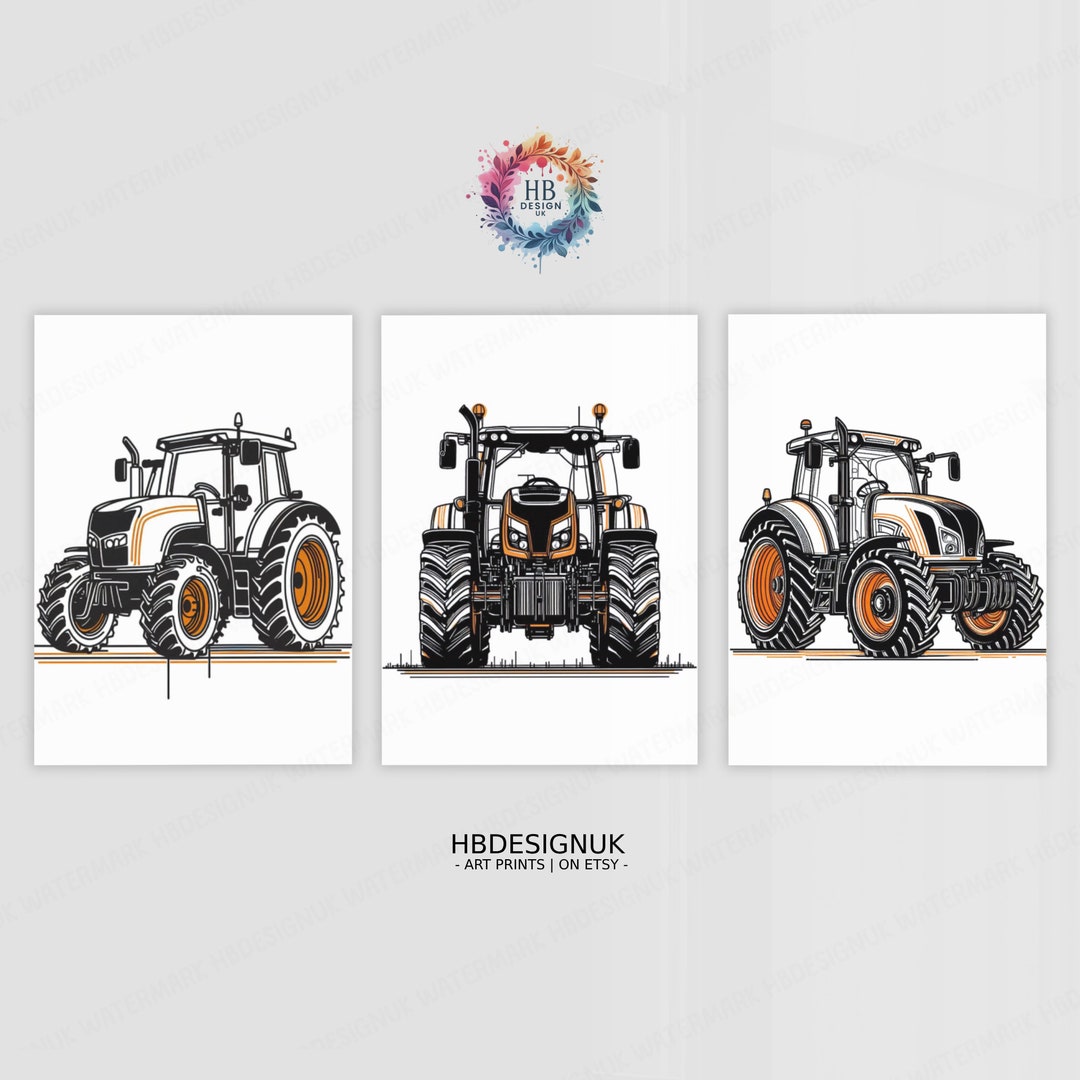 Kids Tractor Poster Set - 3 Orange Posters | Boys Bedroom Artwork ...