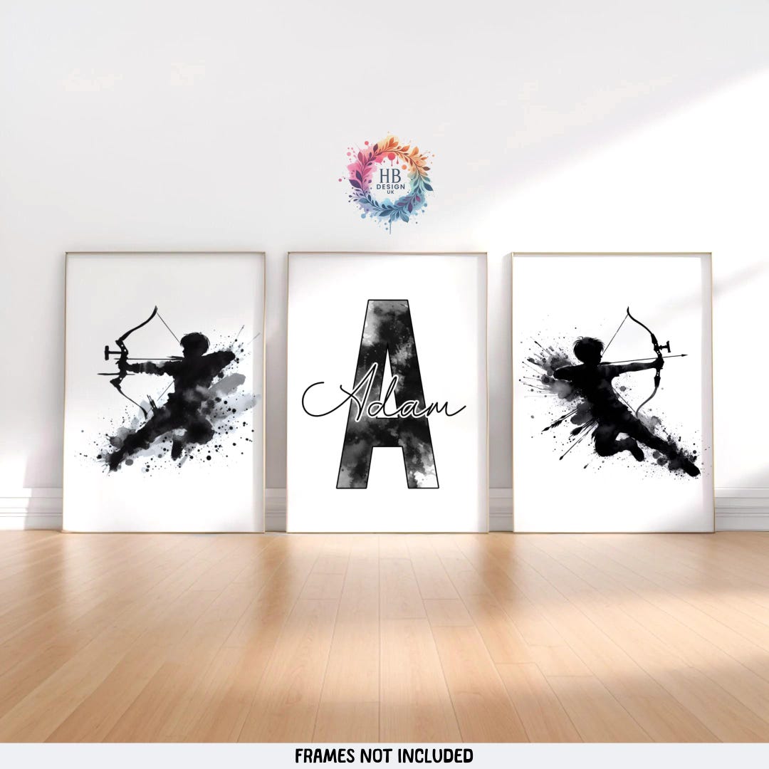 Personalised Archery Wall Art Set - Boys Black Archer Print Decor ...