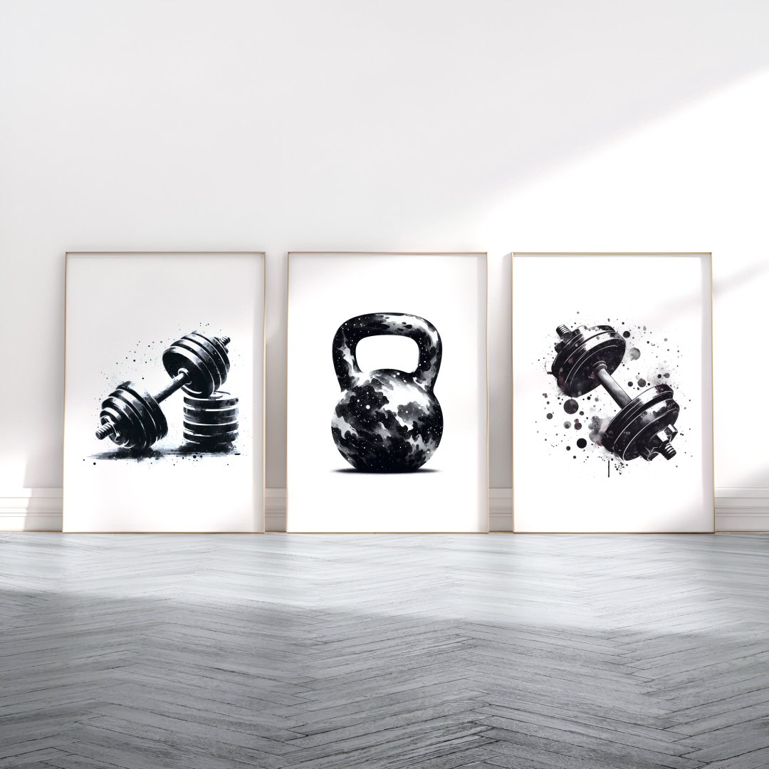 Gym Wall Art Set - 3 Gym Prints | Watercolour Design | Dumbbell Poster ...