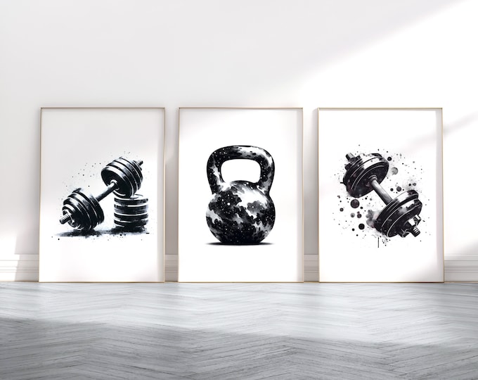 Gym Wall Art Set 3 Gym Prints Watercolour Design Dumbbell Poster ...