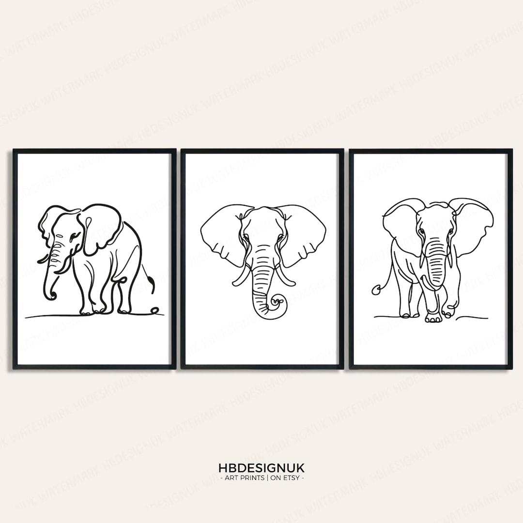 Minimal Elephant Wall Art - Set of 3 Posters | Line Drawing Decor Print ...
