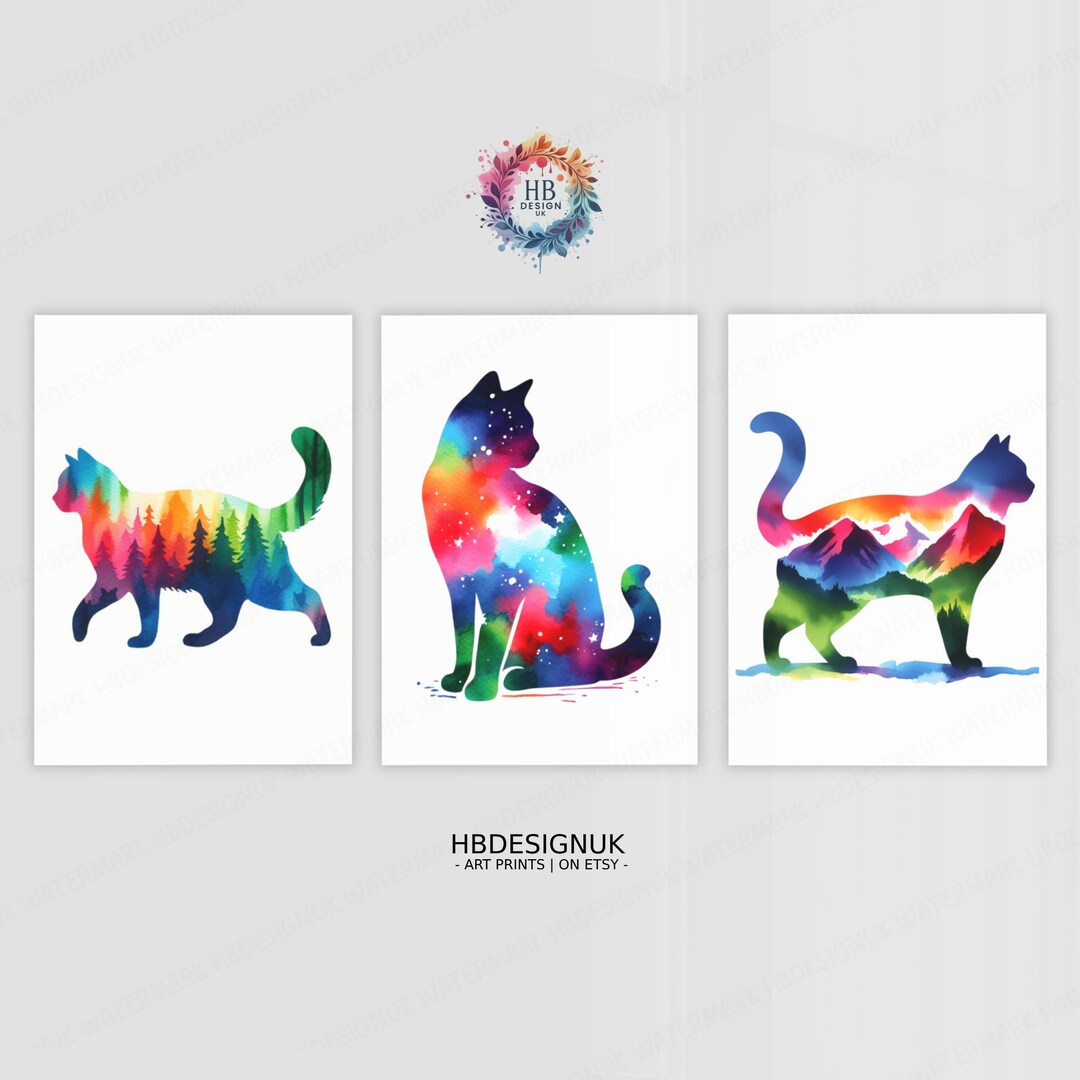 Colourful Cat Prints - Set of 3 Abstract Posters | Watercolour Artwork ...