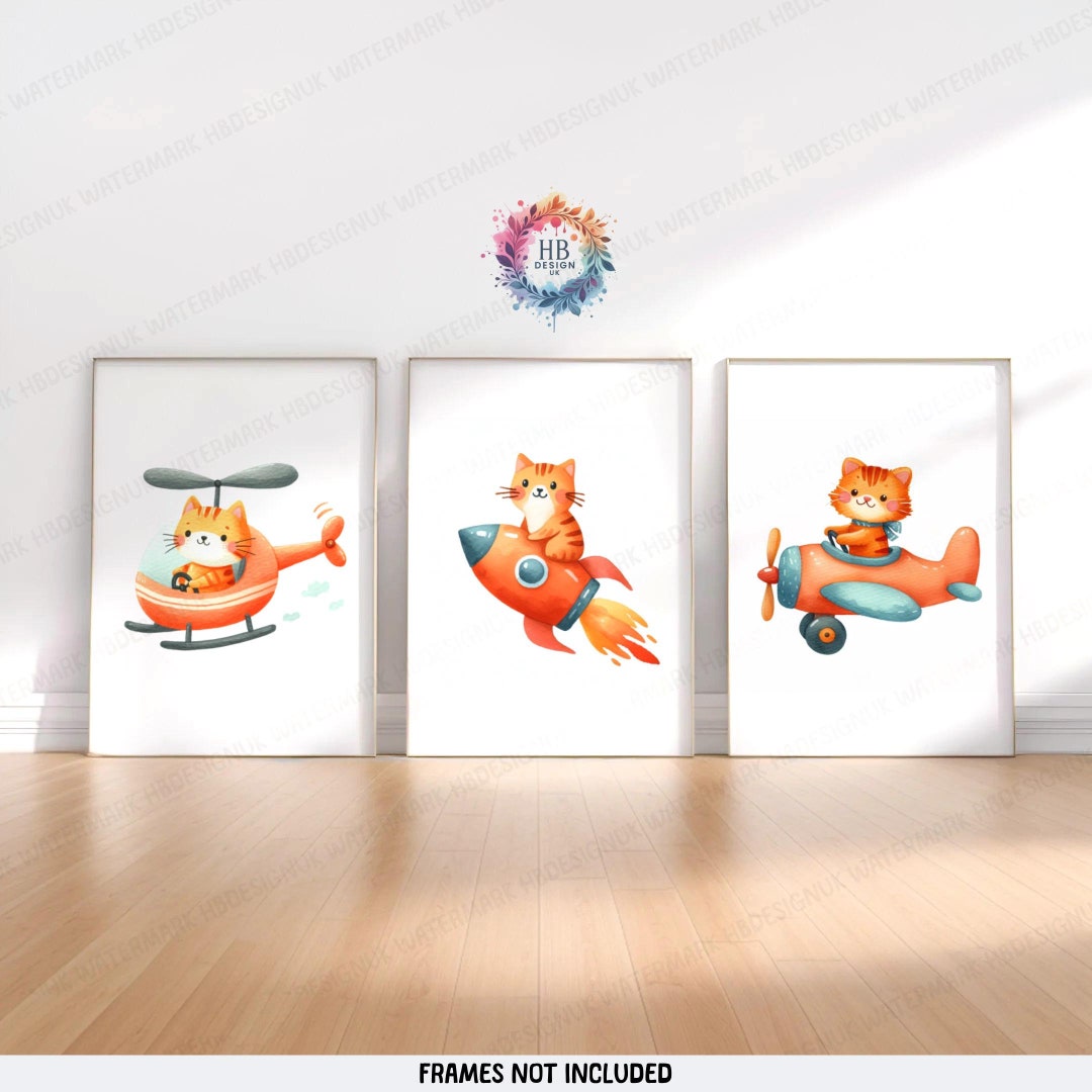 Orange Cat Nursery Prints - Set of 3 Posters | Vehicle Wall Art | Car ...