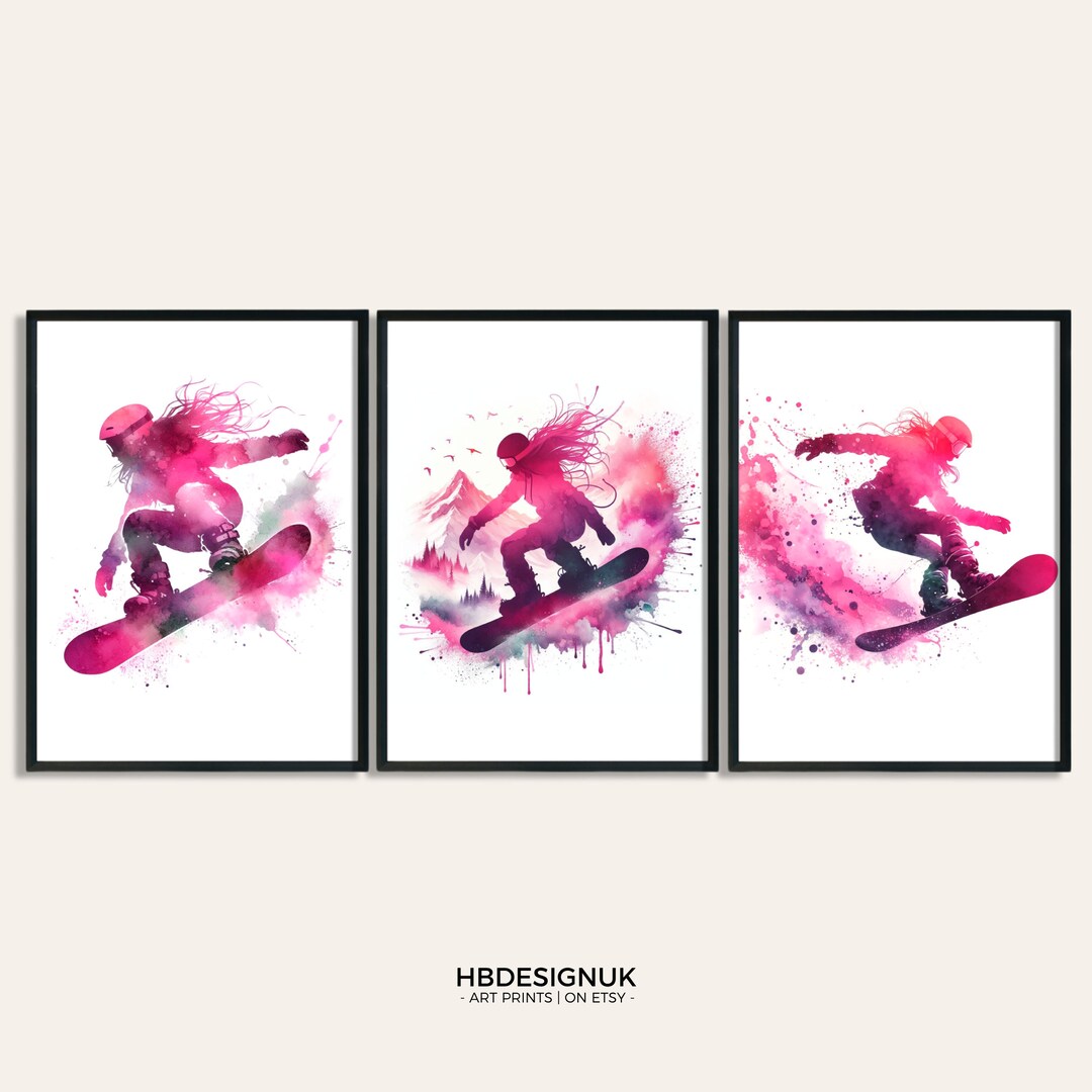 Watercolour Girl Snowboarder Print - Pink Set of 3 Snowboard Posters ...