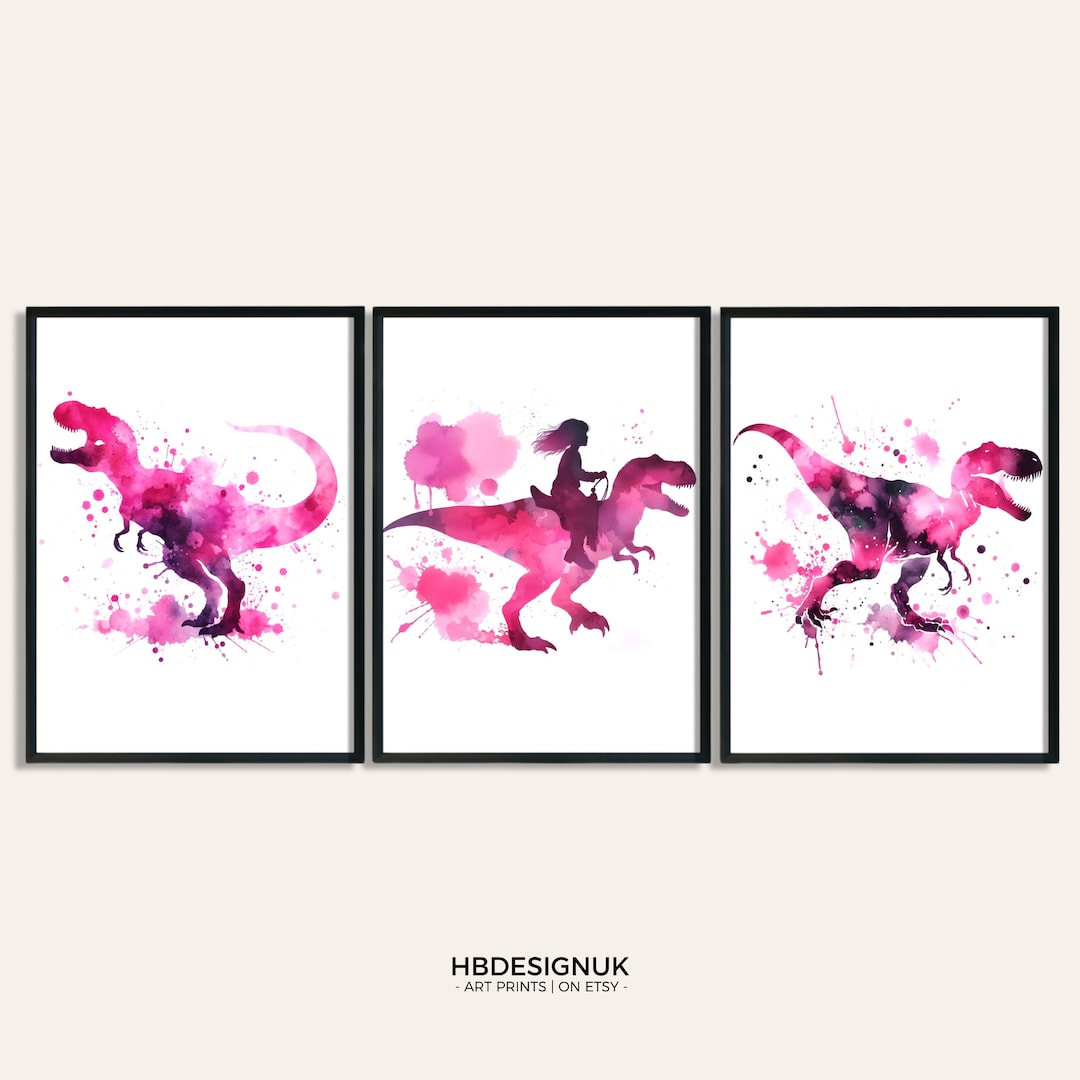 T Rex Dinosaur Print Poster - Set of 3 Watercolour Red Wall Prints ...