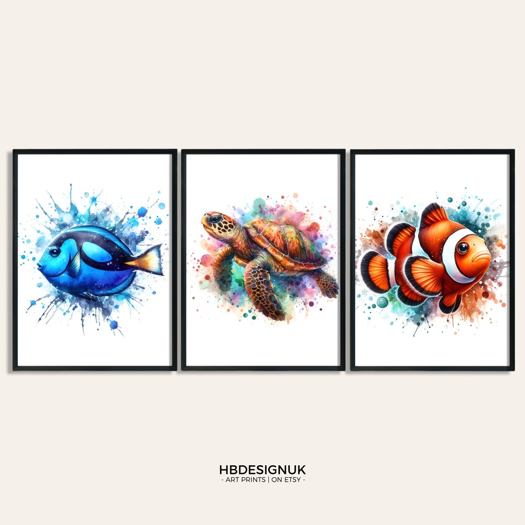 Sealife Prints - Set of 3 Posters Paintings | Watercolour Sea Life ...