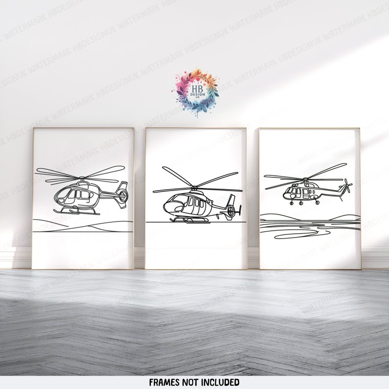 Minimalist Helicopter Posters - Set of 3 Prints | Boys Bedroom Decor ...