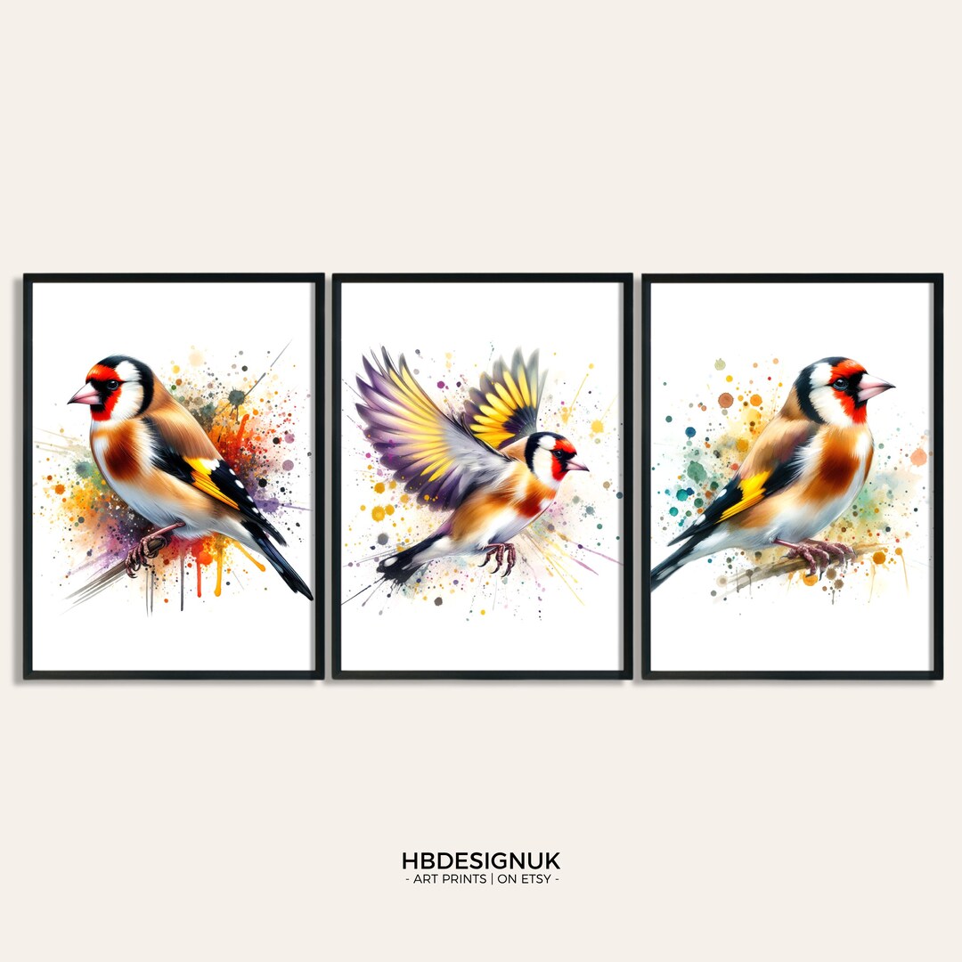 Goldfinch Print Bird Paintings - Set of 3 Pictures | Goldfinch Poster ...