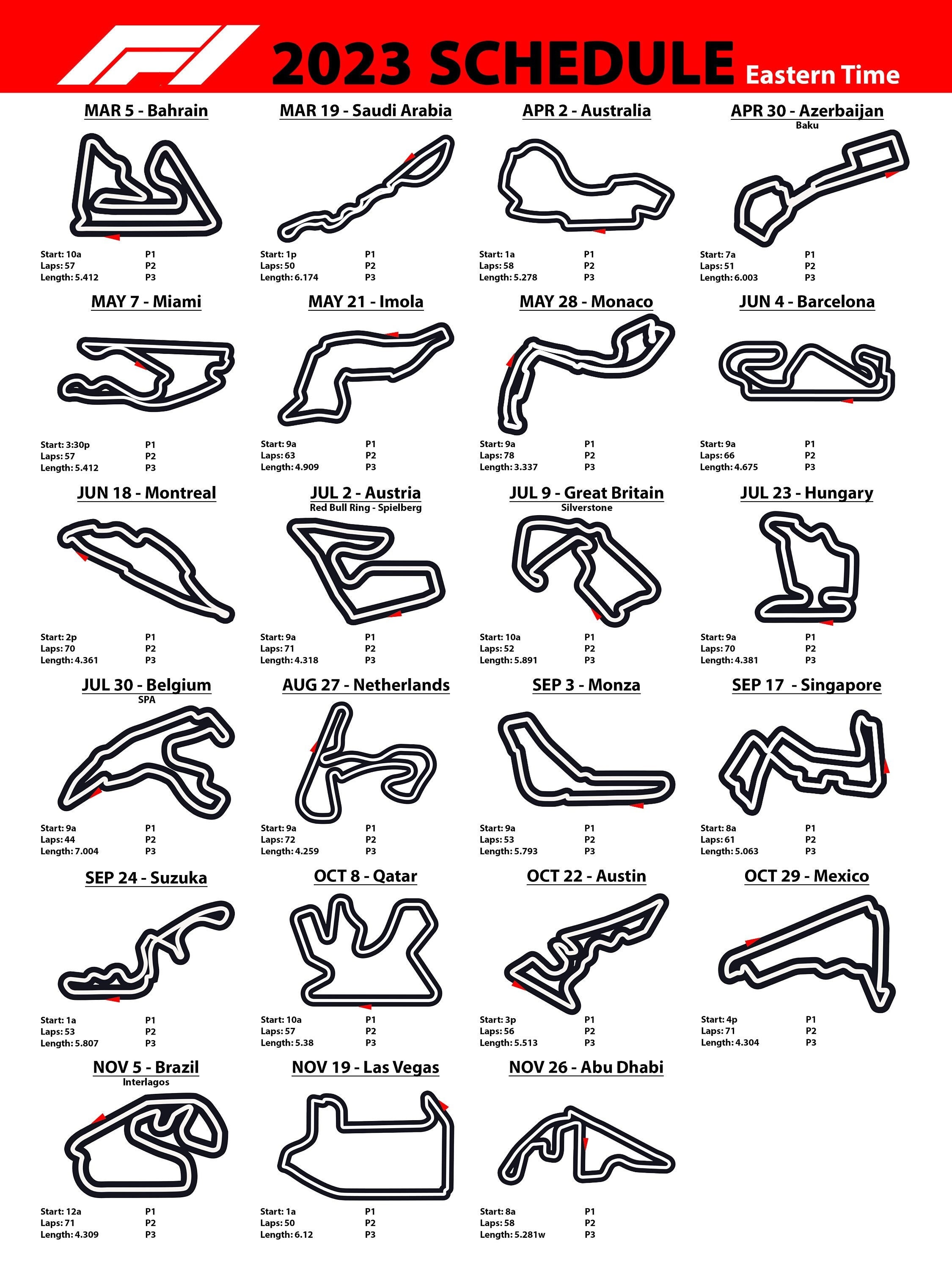 F1 2023 Schedule Poster - ET & PT - Etsy