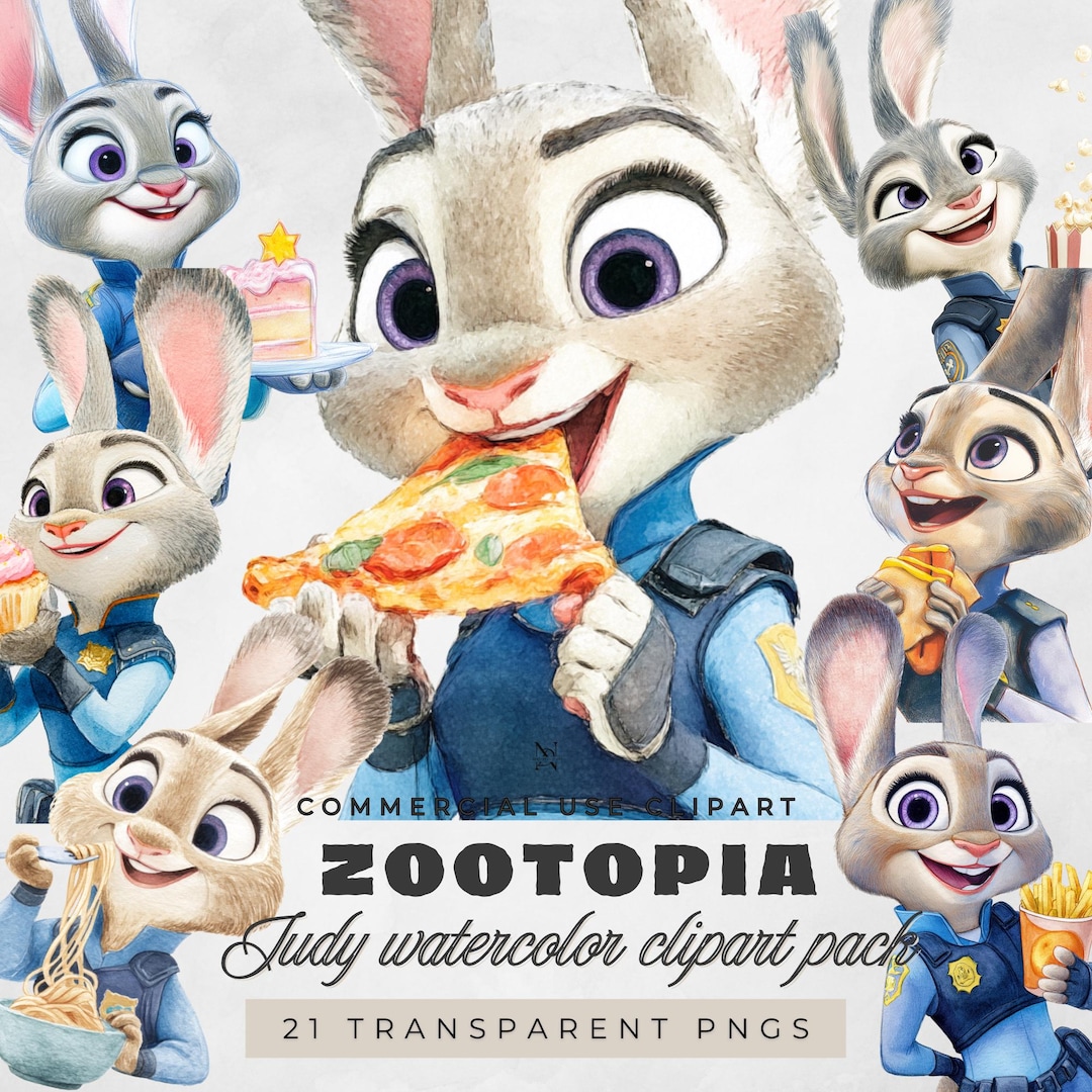 Zootopia 2 Judy Foods Clipart: Watercolor Characters, Party Decorations ...