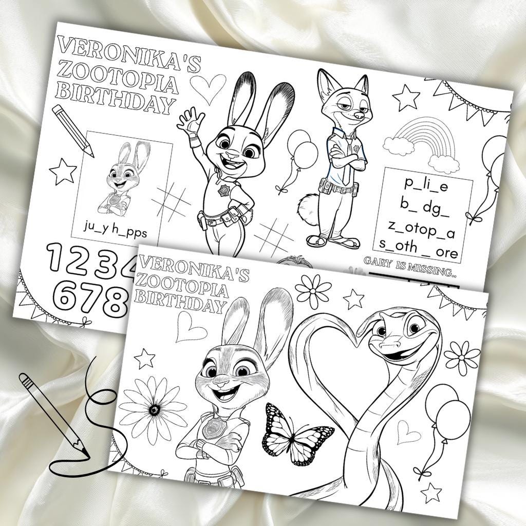 Zootopia Judy Hopps Birthday Placemat: Editable Kids' Coloring Activity ...