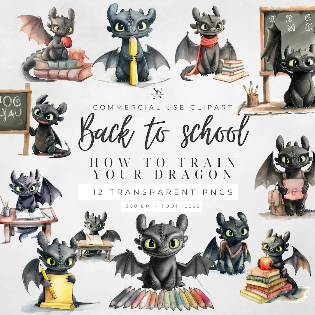 Toothless Dragon Clipart: Watercolor School Illustrations (PNG Digital ...