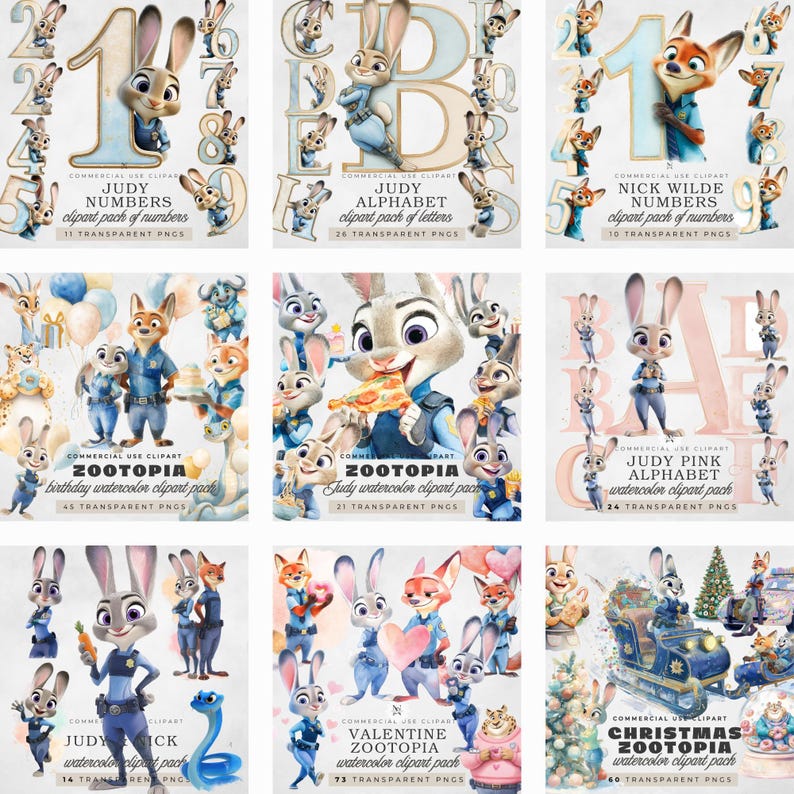 Zootopia Mega Bundle Clipart 284: Watercolor Characters, Party ...