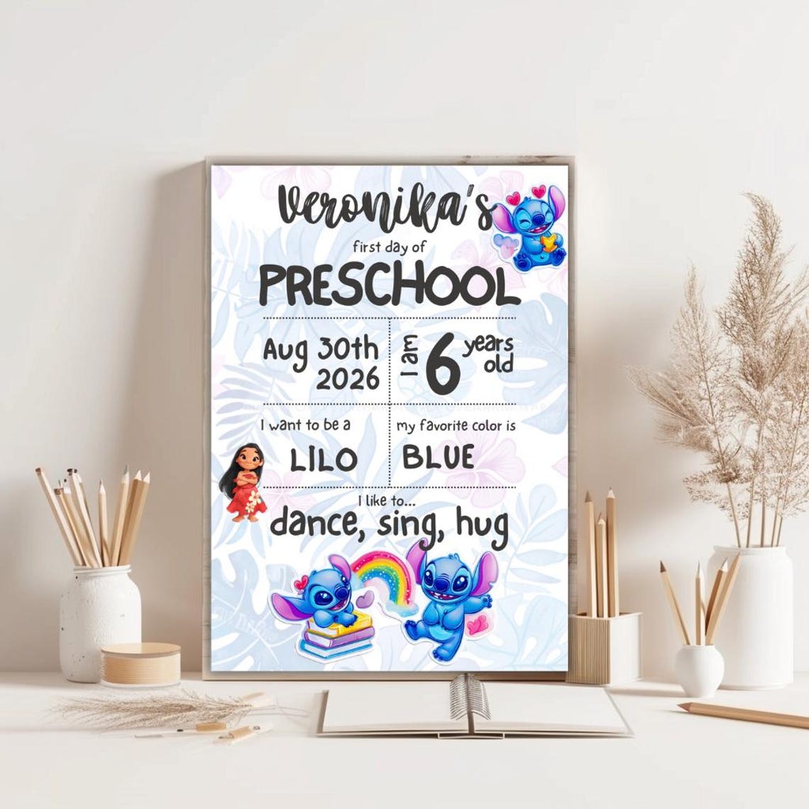 Liloa and Stitch First Day of School Sign Editable Watercolor Printable ...
