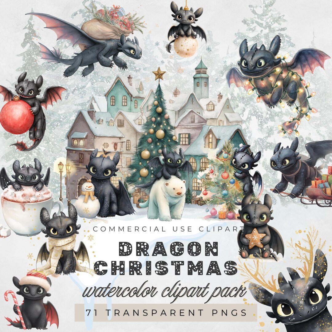 Christmas Toothless How to Train Your Dragon Watercolor Clipart Bundle ...