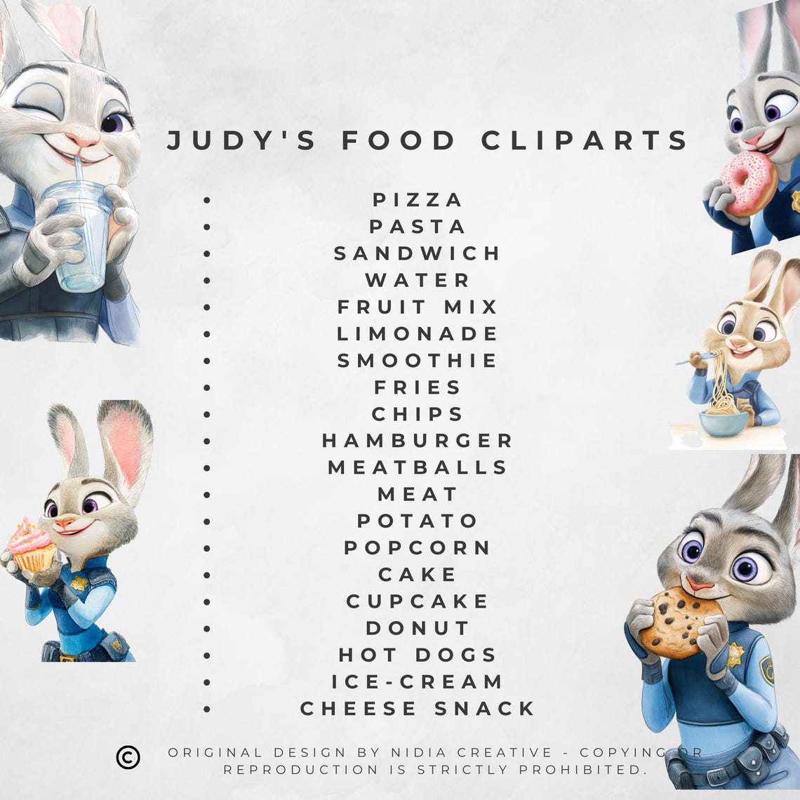 Zootopia 2 Judy Foods Clipart: Watercolor Characters, Party Decorations ...