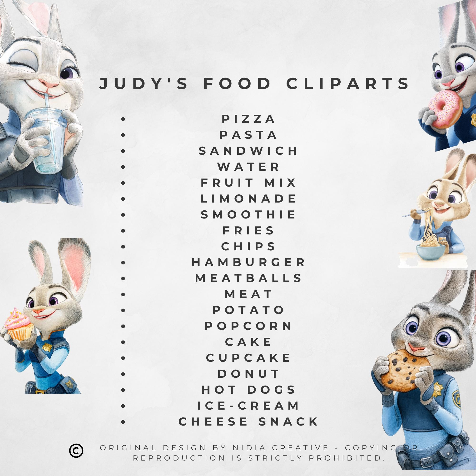 Zootopia 2 Judy Foods Clipart: Watercolor Characters, Party Decorations ...