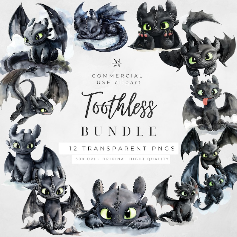 Watercolor Toothless Clipart: How to Train Your Dragon PNG Bundle ...