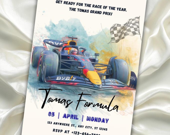 Max Verstappen Invite, Race Car Birthday Invitation, Red Bull Racing ...